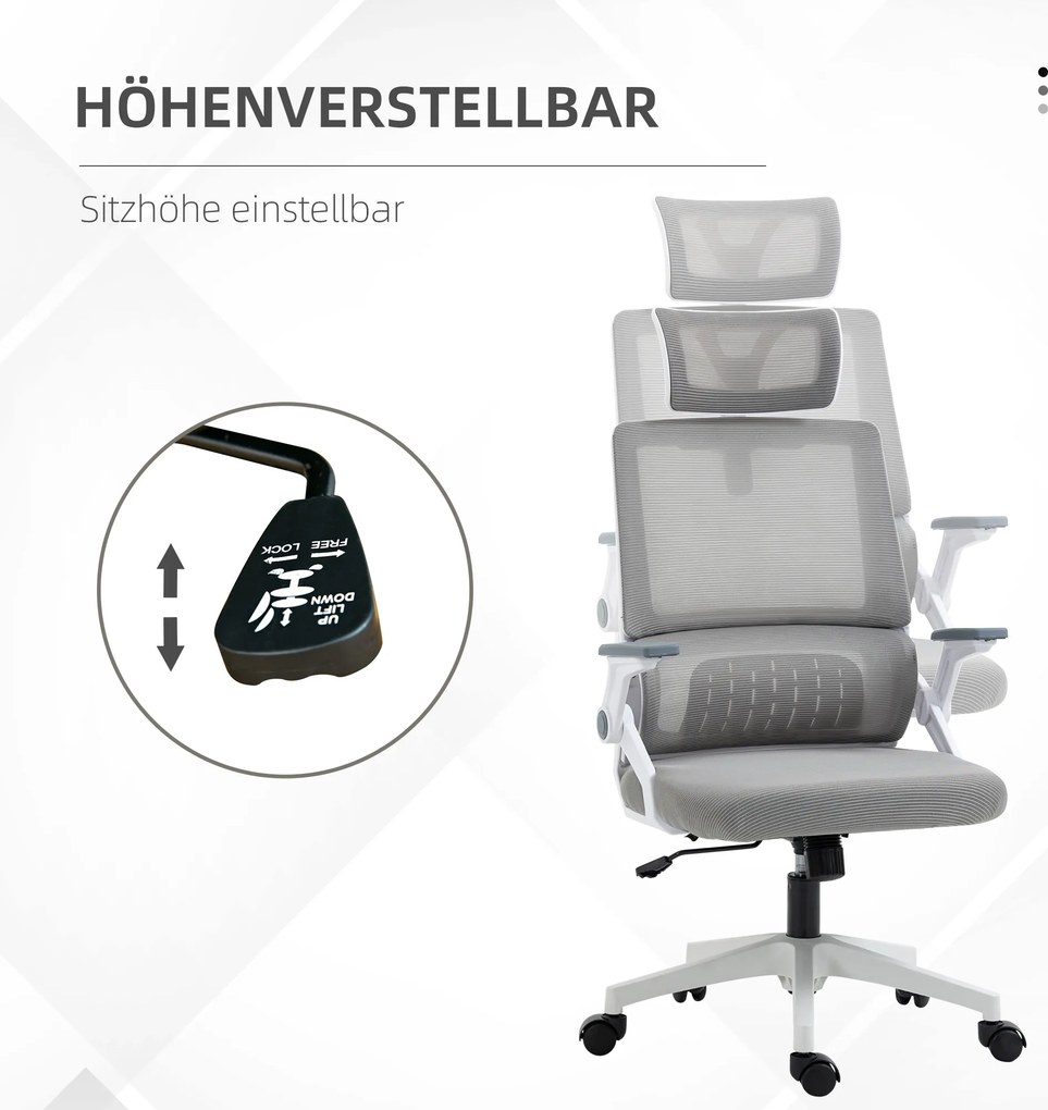 Ergonomická kancelářská židle Vinsetto s nastavitelnou opěrkou hlavy a područkami, výškově nastavitelnou otočnou židlí s funkcí houpání a síťovanou b…