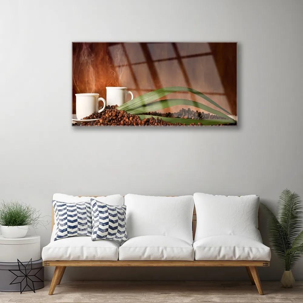 Obraz na skle Šálky Káva Zrnka Kuchyně 120x60 cm