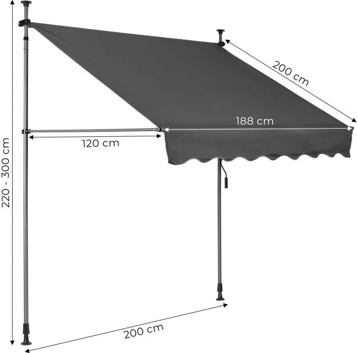 Balkonová markýza na terasu s nastavitelným sklonem - šedá Šírka: 200 cm