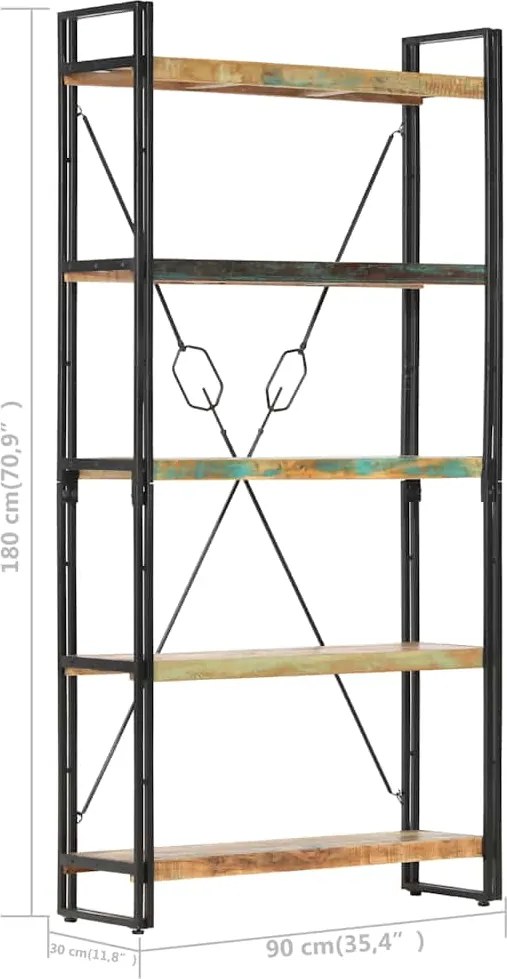 Knihovna s 5 policemi 90x30x180 cm masivní recyklované dřevo 286584