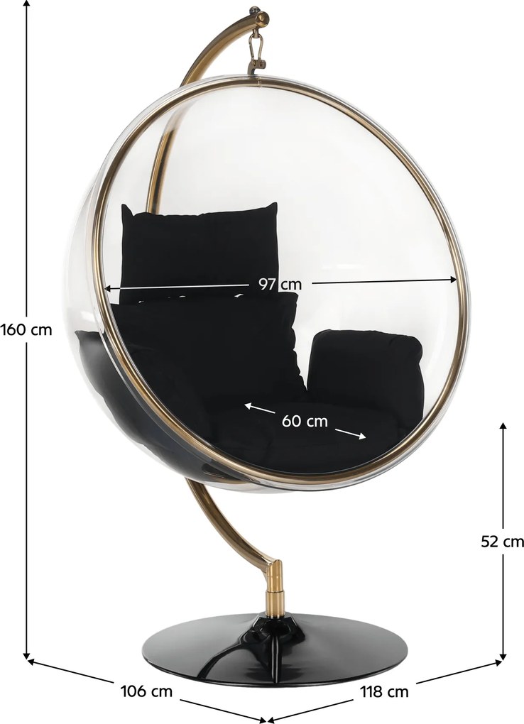 Závěsné křeslo se stojanem, zlatá/černá/transparentní, BUBBLE TYP 3