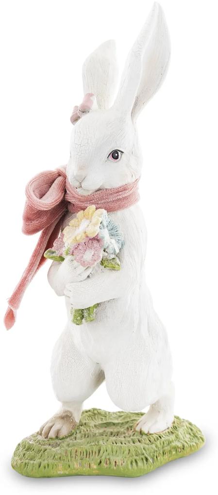 Bílý zajíc s květinou a mašlí 23 cm 144001