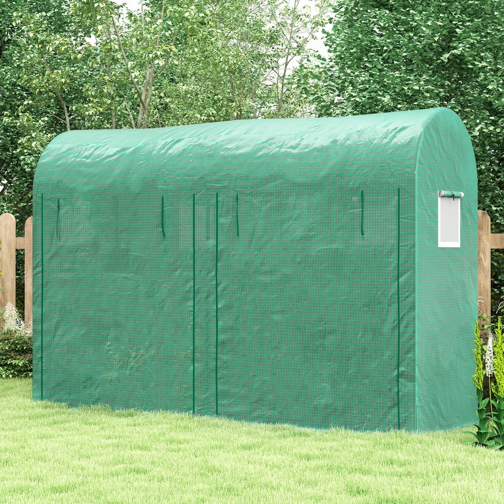 Fóliový skleník Outsunny Skleník na rajčata 300 x 100 x 200 cm se 4 okny a 2 dveřmi z PE plastu a oceli, ideální pro zahradu a zahradní centrum