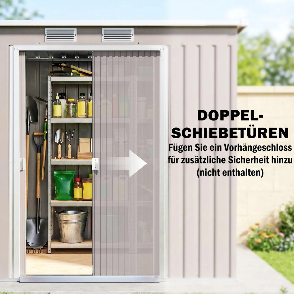 Zahradní domek Outsunny 3,2 m² 213x130x172 cm se sběrnými dveřmi a šikmou střechou, zesílený základ (podlaha není součástí) a 2 okna, Světlá šedá