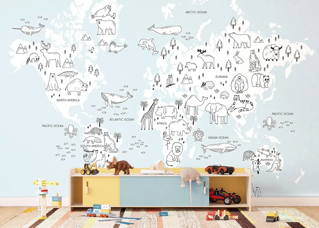 Dětská fototapeta na míru Černobílá Zvířecí Mapa Světa | Vliesová fototapeta na zed' | DFTD5P 352441