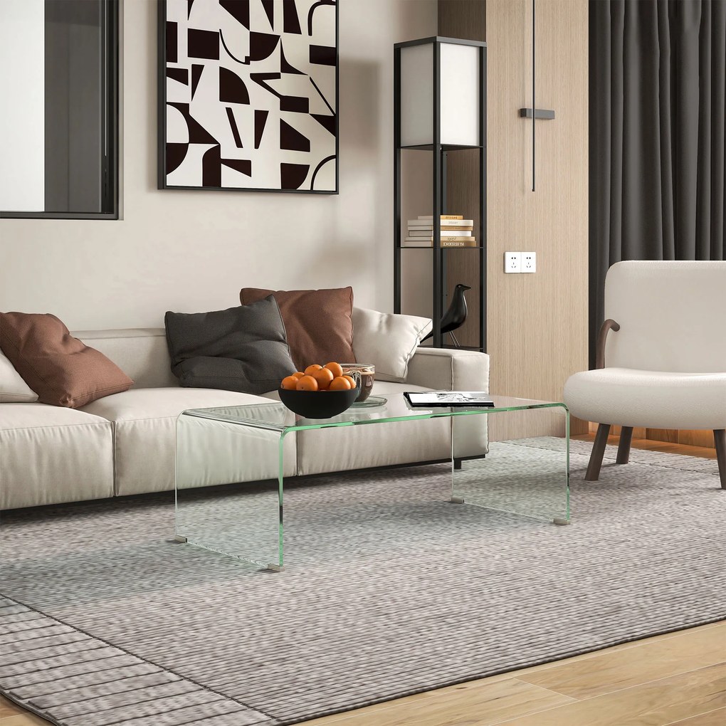 HOMCOM Moderní Monoblokový Kávový Stolek s Protiskluzovými Nohami, Temperované Sklo, 100x50x35 cm, Průhledný