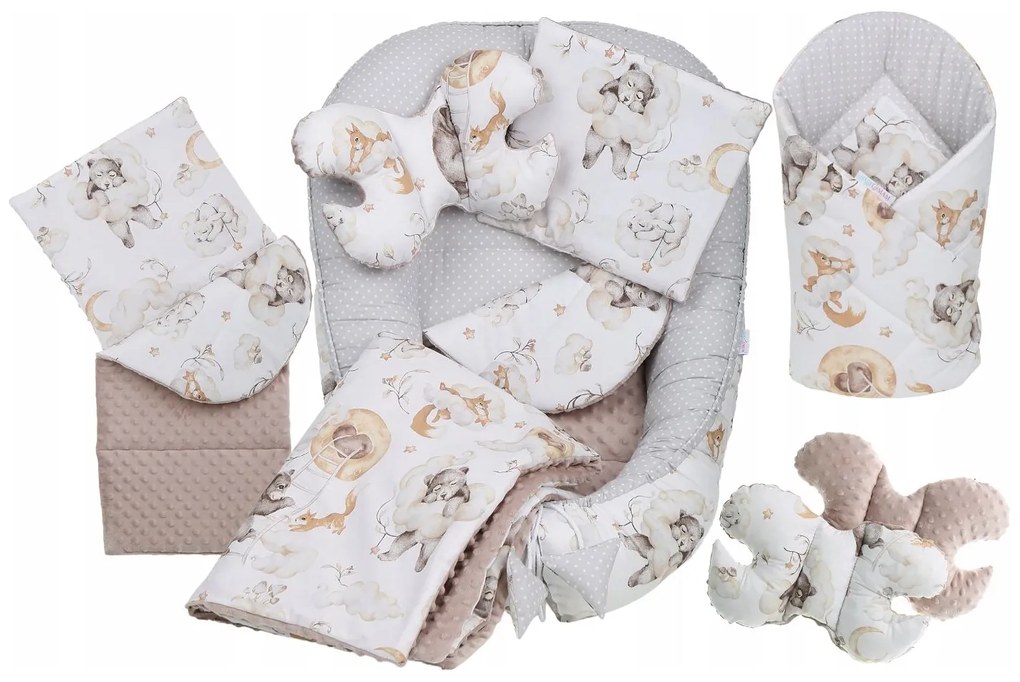 Oboustranné hnízdečko (kokon) pro miminko - BABYMAM PREMIUM set 7v1 - Medvíďata s béžovou minky