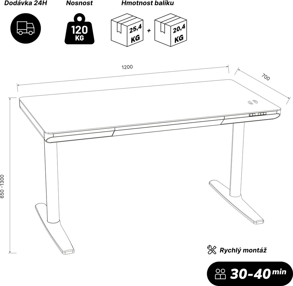 Elektrický psací stůl sit-stand se zásuvkou a bezdrátovou nabíječkou Qi bílý/zlatý dub, 1200 mm: ELLIS