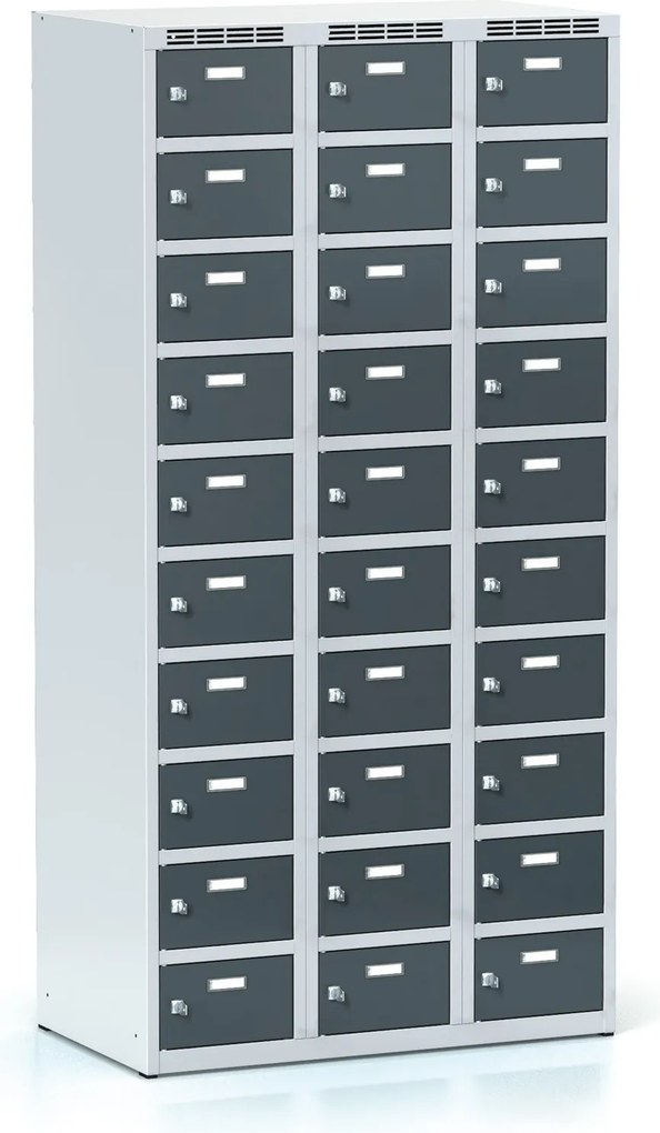 Šatní skříňka S6 s úložnými boxy, 30 boxů, 1800 x 900 x 500 mm, otočný zámek, tmavě šedé dveře