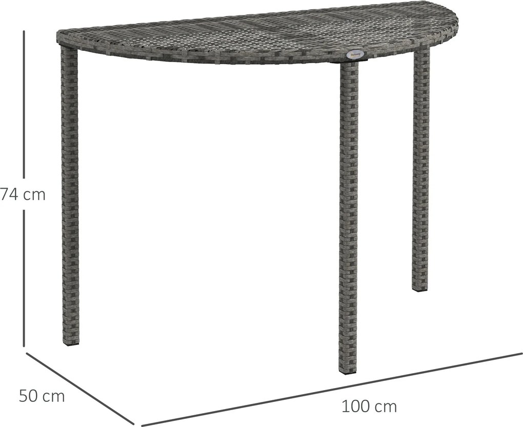 Outsunny Balkonový Stůl Zahradní Boční Stůl Zahradní Nábytek Polokruhový Ratanový Metalický Šedý 100 x 50 x 74 cm
