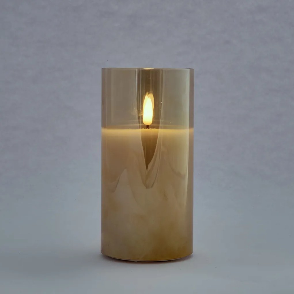 LED svíčka ve skle na baterie, Ø 7,5 × 15 cm, zlatá, 2× AA
