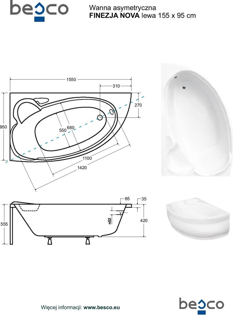 Besco FINEZJA NOVA 155 x 95 cm VANFINN155L vana bez nožiček levá
