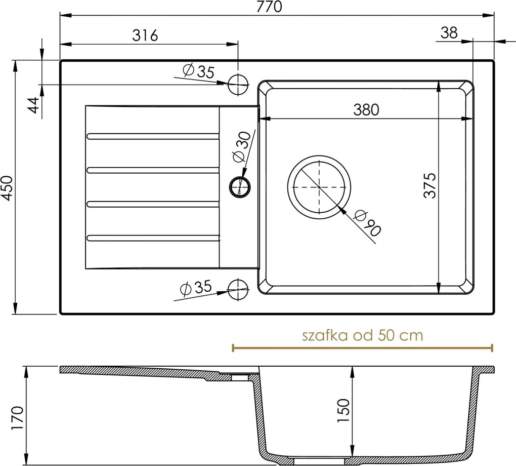Sink Quality Natalie, kuchyňský granitový dřez 770x450x170 mm + černý sifon, bílá, SKQ-NAT.W.1KDO.XB