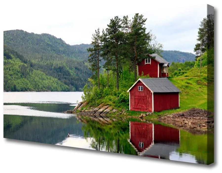 Obraz na plátně Hory Dům Jezero Krajina 140x70 cm