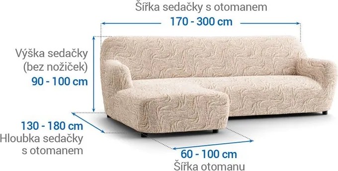 Bielastické potahy BRILLANTE béžové sedačka s otomanem vlevo (š. 170 - 300 cm)