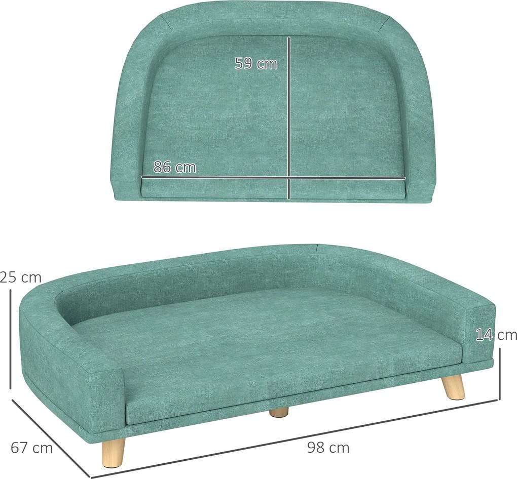 Pohovka pro psy PawHut Pohodlná pohovka s polštářem pro velké psy, zvýšená konstrukce s dřevěnými nohami, zelená 98x67x25cm | Aosom.de