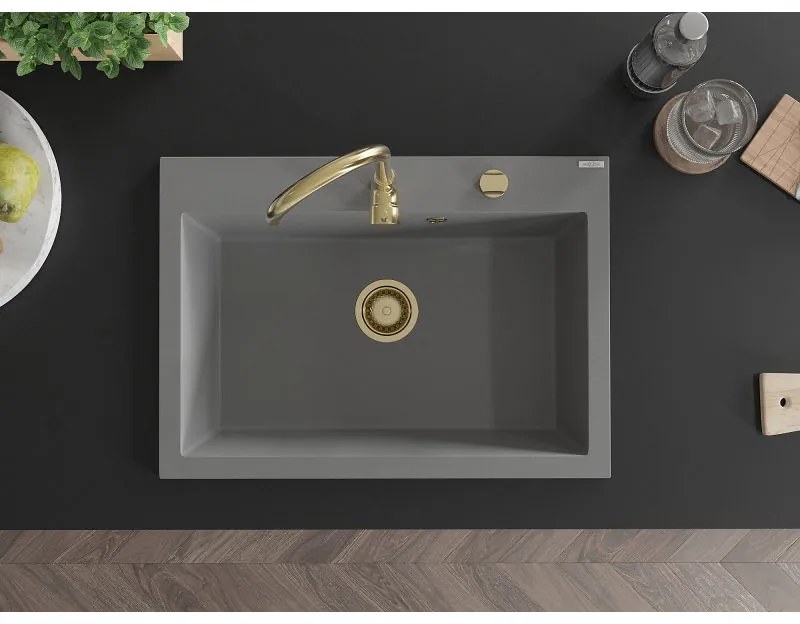 Mexen Elix, 1-korový granitový dřez 700 x 500 mm, šedá, zlatý sifon, 6526701005-71-G