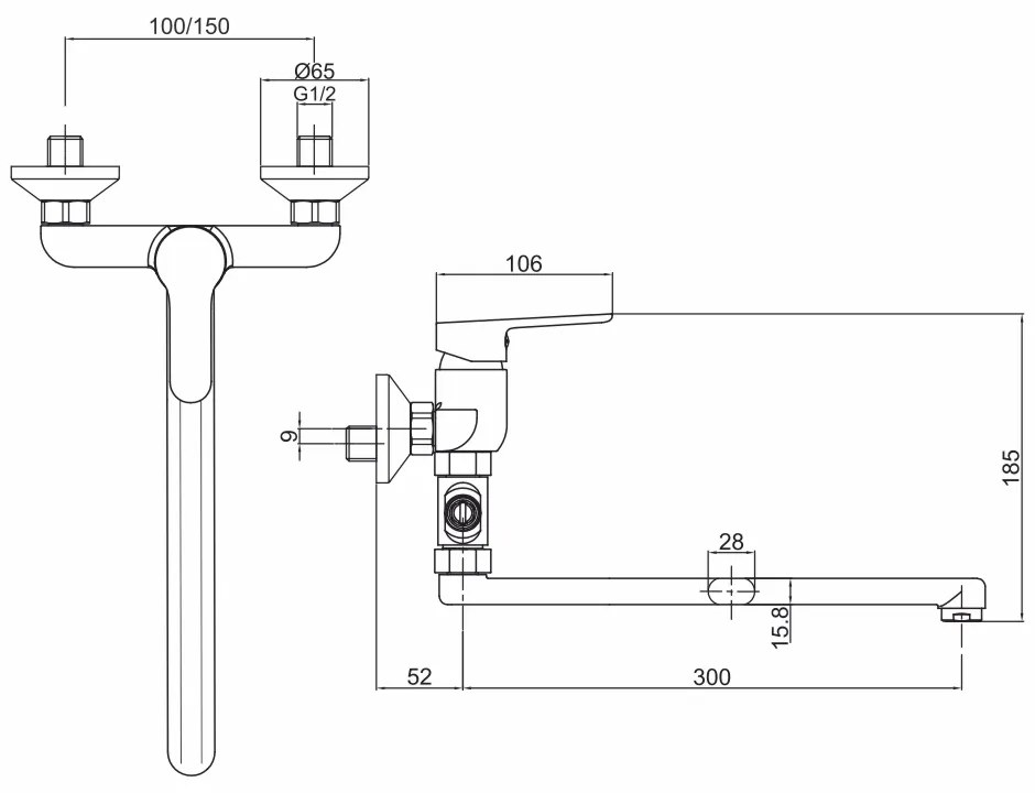 Mereo Zuna nástěnná baterie do byt. jádra 100 mm s plochým ramínkem 300 mm bez příslušenství mosaz chrom CB602A04Z