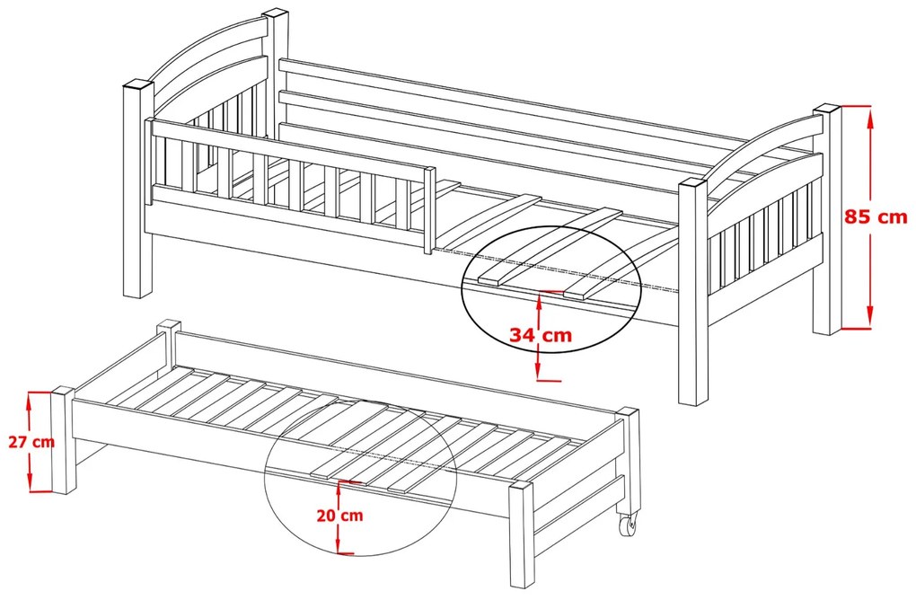 Dětská postel z masivu borovice GABRIEL s přistýlkou a šuplíky - 200x90 cm - bílá