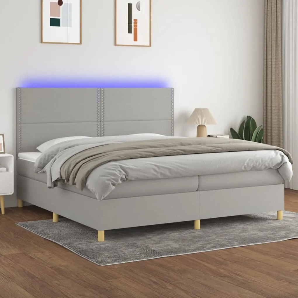 Box spring postel s matrací a LED světle šedá 200x200 cm textil 3135381