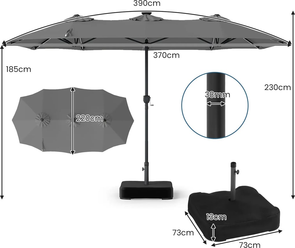 Costway Dvojitý slunečník s klikou a stojanem s 108 LED světle – 370 × 200 cm