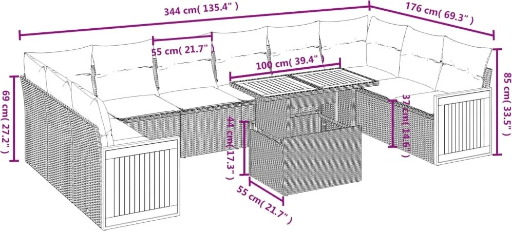 11dílný zahradní sedací souprava s poduškami béžový polyratan 3274132