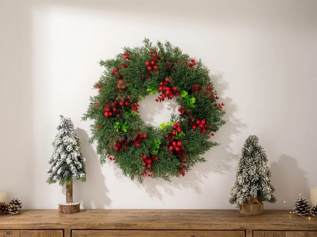 Adventní věnec na dveře RED BERRIES Ø 35 cm, zelený/červený