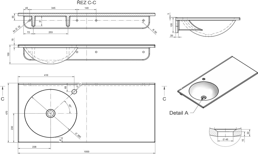 Sapho Sapho, JUNO umyvadlo 100x15x47cm, litý mramor, bílá, levé, JU101
