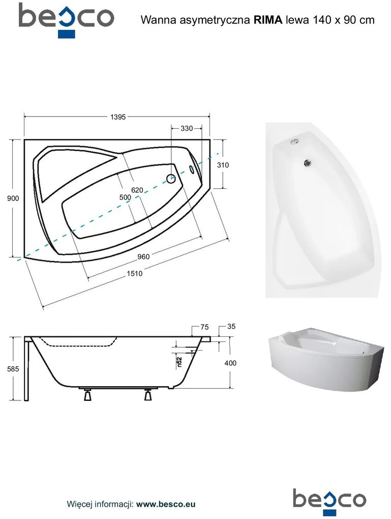 BESCO Asymetrická vana RIMA Nožičky k vaně - Bez nožiček, Rozměr vany - 140 × 90 cm, Způsob provedení - Levé - VANRIM140L