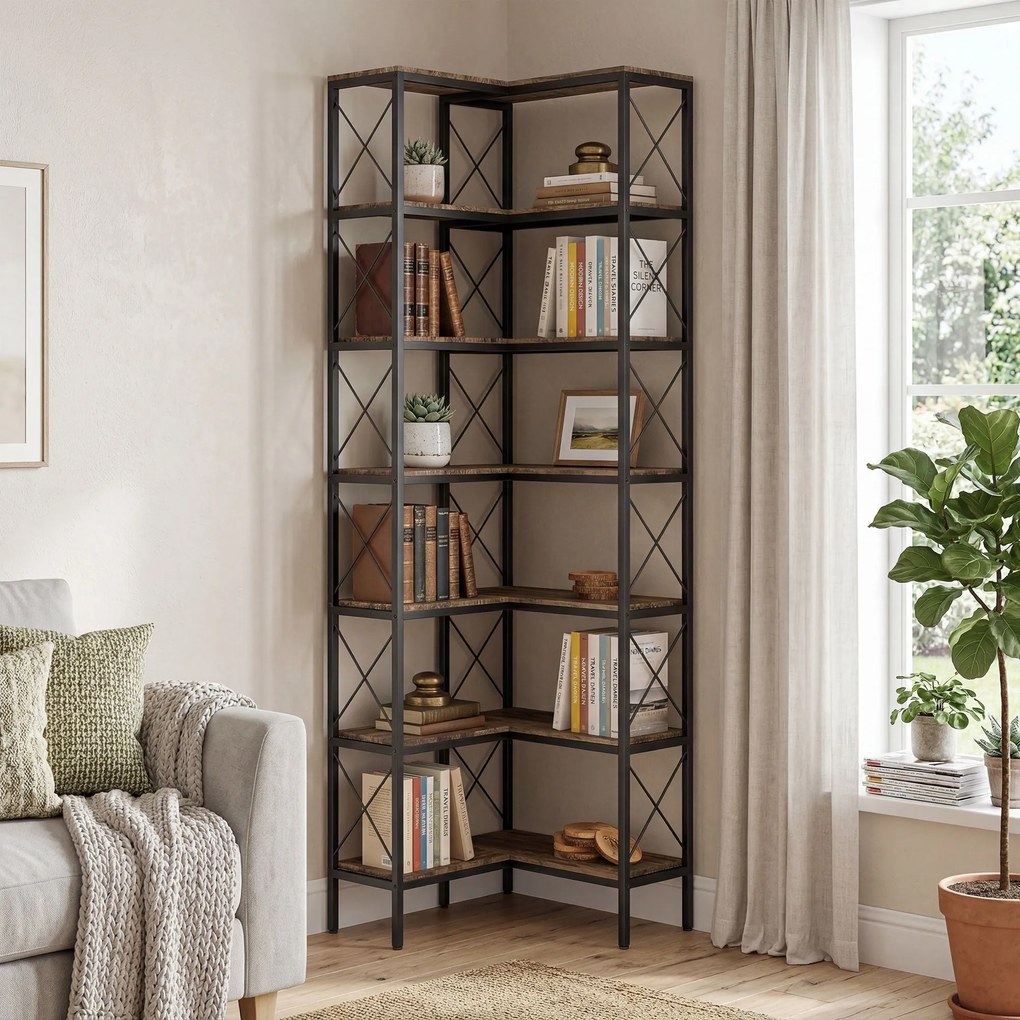 HOMCOM rohový regál do L, 6 polic, volně stojící kovový rám, obývák/kancelář/ložnice, 60 × 60 × 200 cm, rustikální hnědá