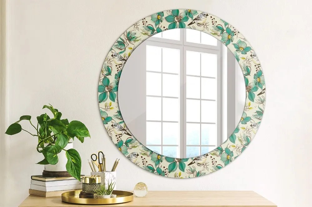 Kulaté dekorativní zrcadlo Květiny a ptáci fi 60 cm