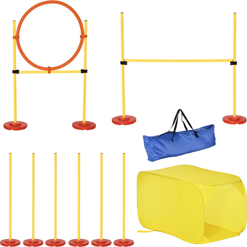 PawHut Sada pro překážky pro psy, tréninková sada, překážková dráha, plast, polyester, žlutá, 128 x 23 x 9-100 cm | Aosom