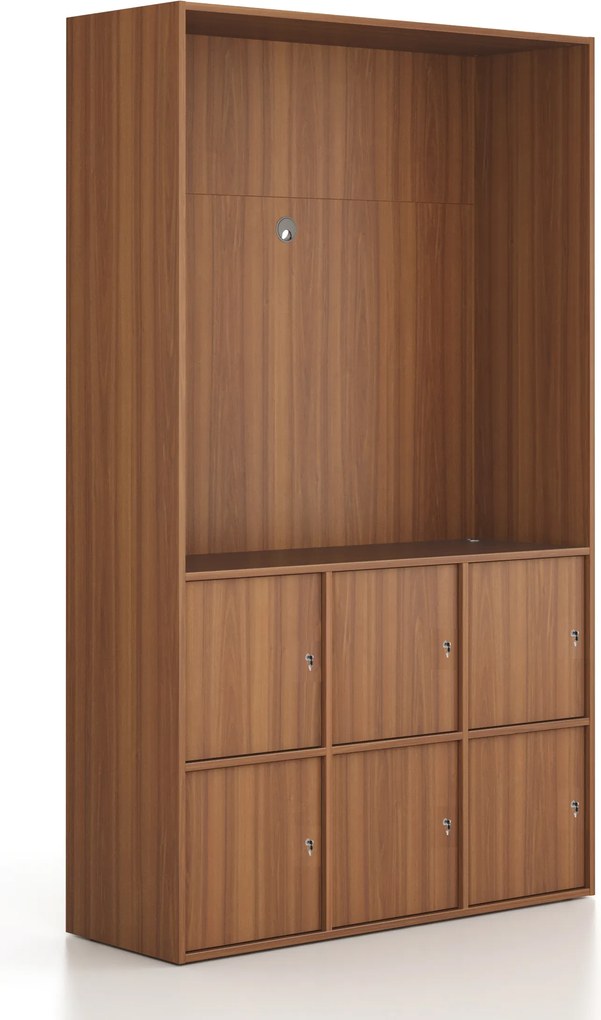 Kancelářská skříň FRAME, 6x dveře, prostor pro TV, 1299 x 450 x 2162 mm, cylindrický zámek, ořech