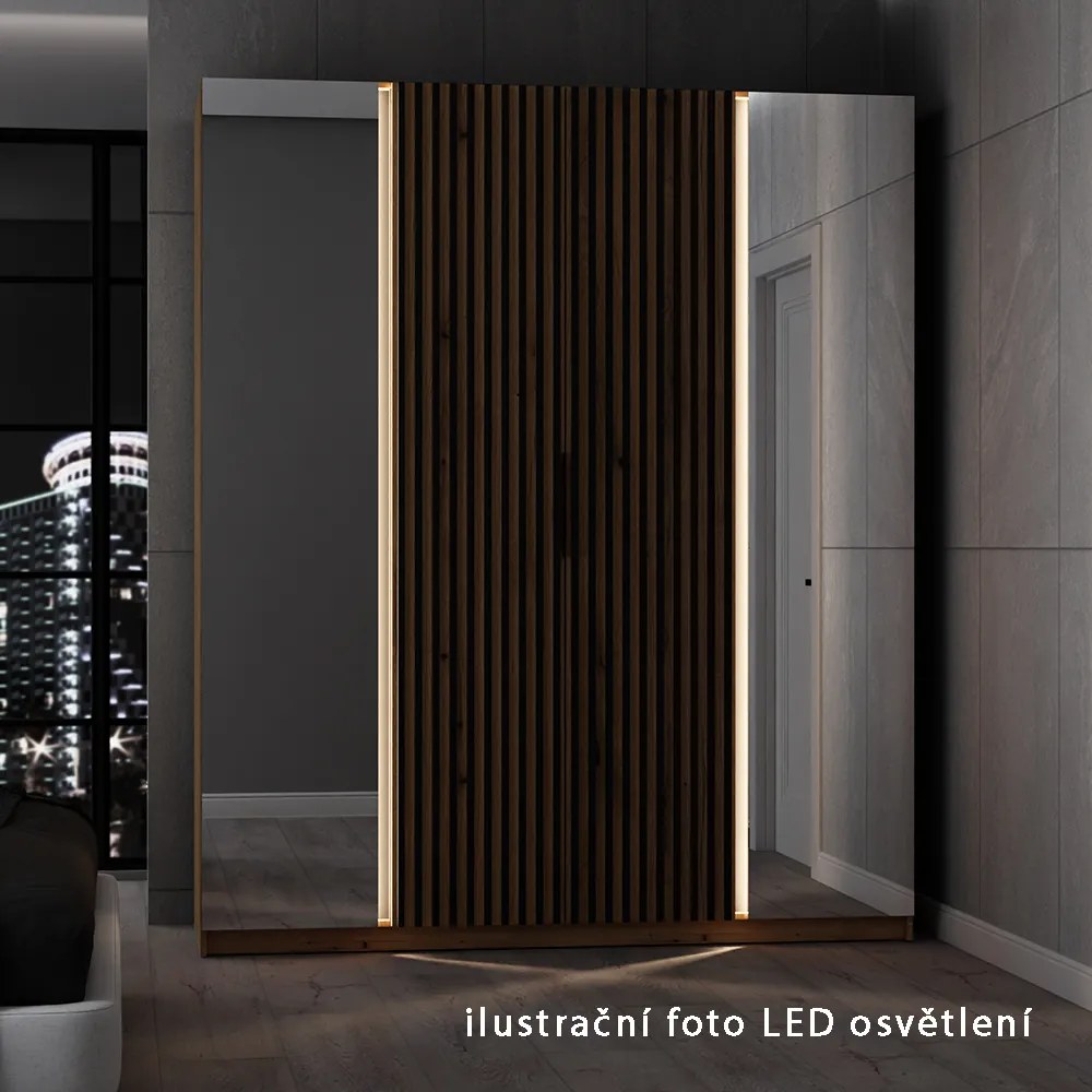 Šatní skříň KAJA 2LU 2LAM | 200 cm | se zrcadly | VYSOKÁ | evoke + černé lamely