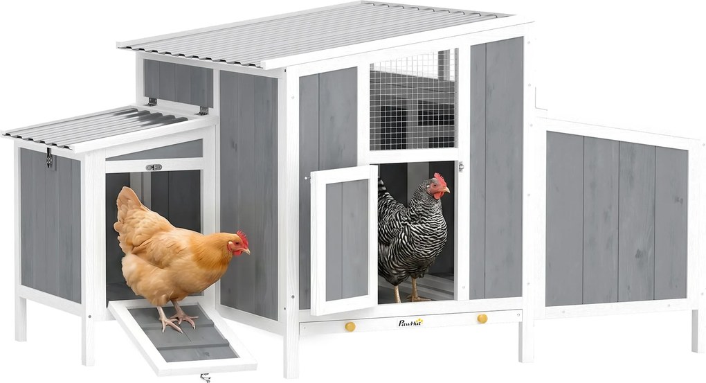 PawHut dřevěný kurník se výběhem, 145 x 90 x 92 cm — zvýšený, střecha z PET, zamykací dvířka, hnízdní box a bidýlka pro 3–4 slepice | Aosom