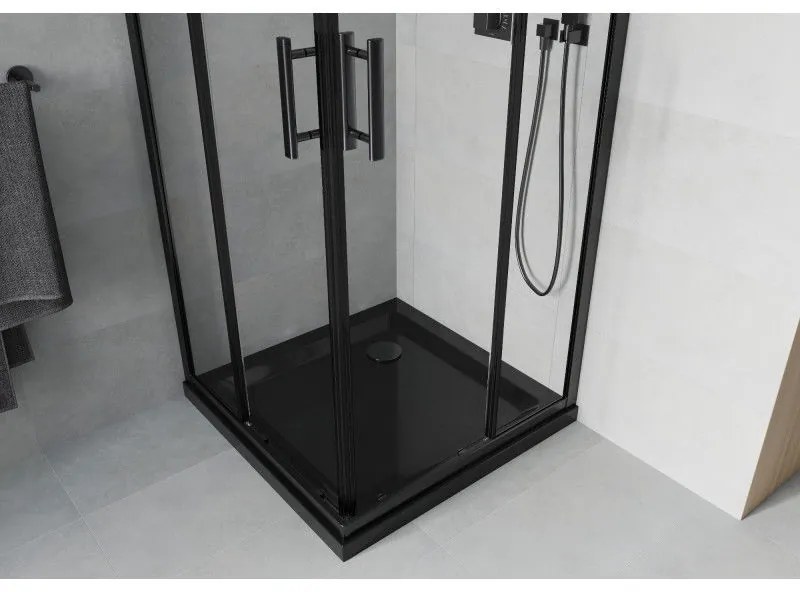 Mexen Rio, čtvercový sprchový kout s posuvnými dveřmi 80 x 80 cm, 5mm čiré sklo, černý profil + černá sprchová vanička, 860-080-080-70-00-4070B