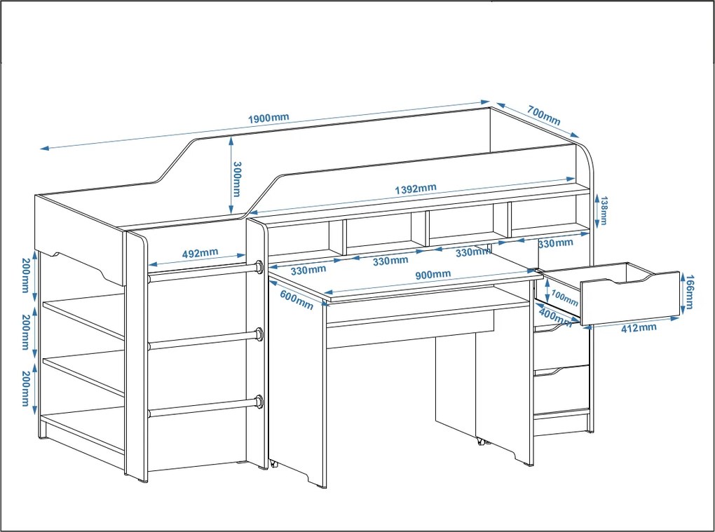 Patrová postel LEGENDA, 70 x 190 cm, s psacím stolem, komodou a regály