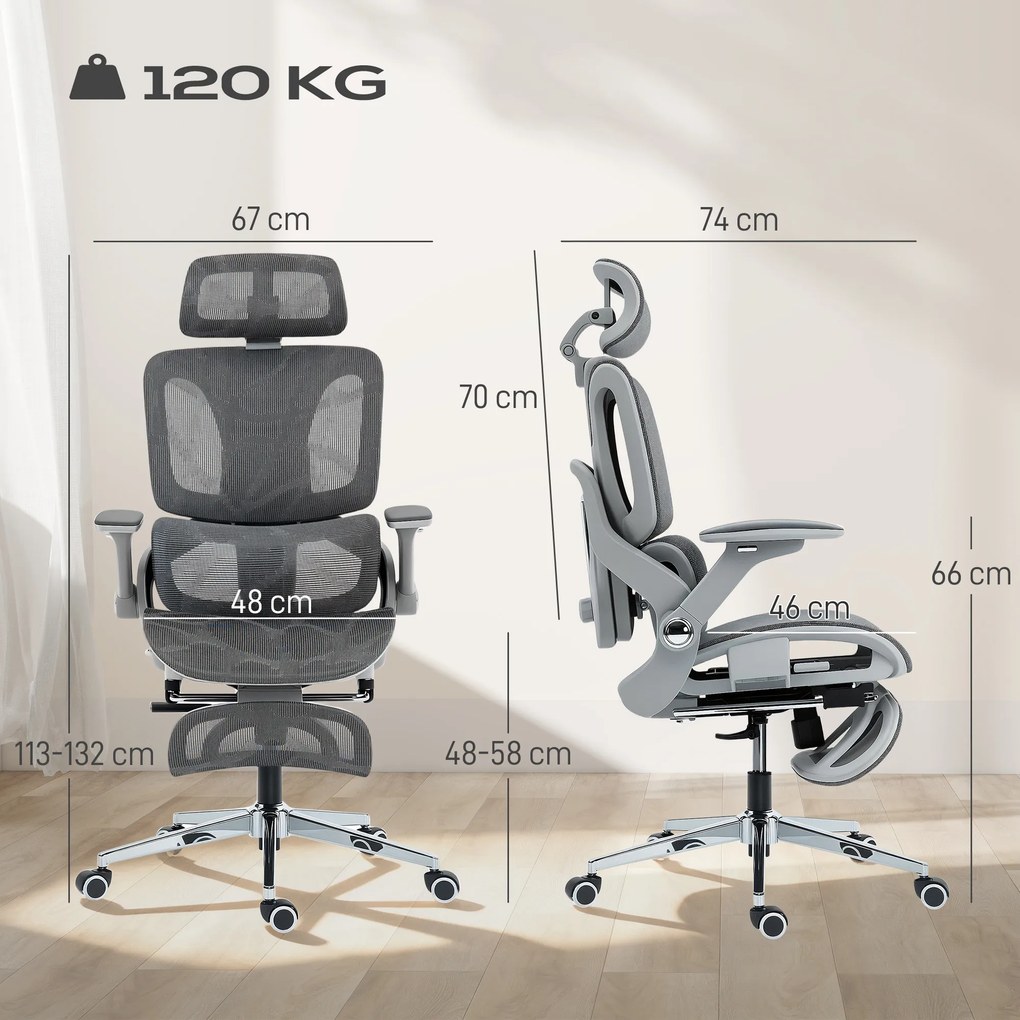 HOMCOM ergonomická síťovaná kancelářská židle — 4D područky, nastavitelná opěrka hlavy a hloubka sedáku, bederní opora, sklápění 135° s opěrkou nohou…