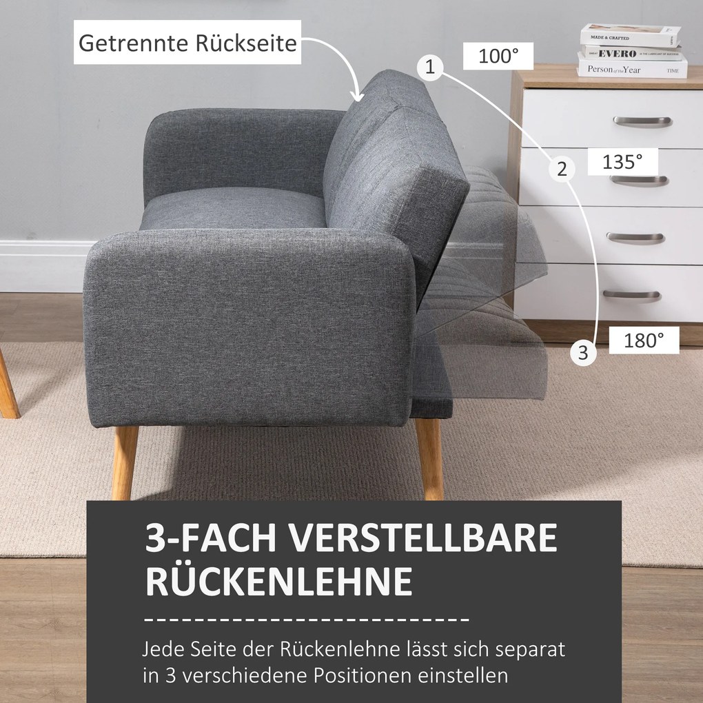 HOMCOM Rozkládací pohovka 2místná, rozkládací pohovka s funkcí spaní, polyester podobný lnu, kaučukové dřevo, šedá, 173x75x73cm| Aosom