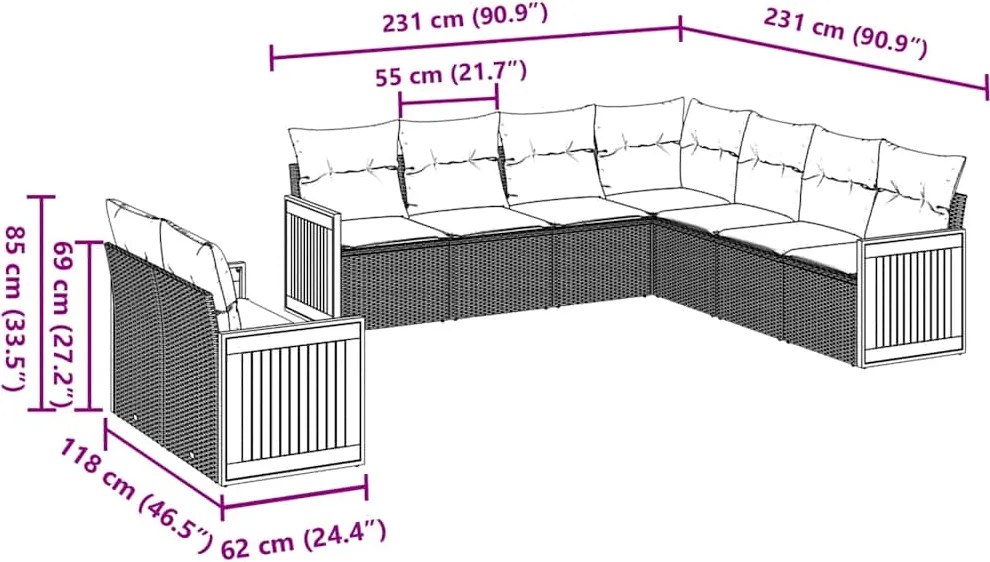 9dílná zahradní sedací souprava s poduškami černá polyratan 3260180
