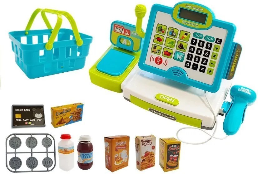 LEAN Toys Dětská pokladna modrá s košíkem