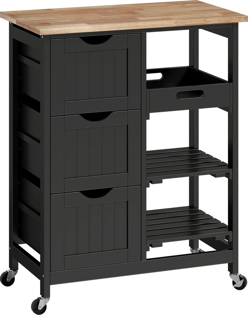 HOMCOM kuchyňský pomocný vozík na kolečkách, s 3 zásuvkami, 2 otevřenými policemi a vyjímatelným tácem, 67 x 37 x 85,5 cm, černá
