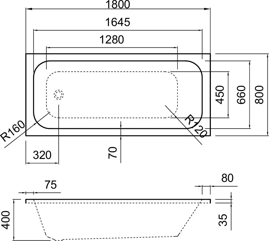 Erga Pureline-O, vana 1800x800x400 mm bez nožiček, bílá lesklá, ERG-V07-PURELINE-O-180x080-WH