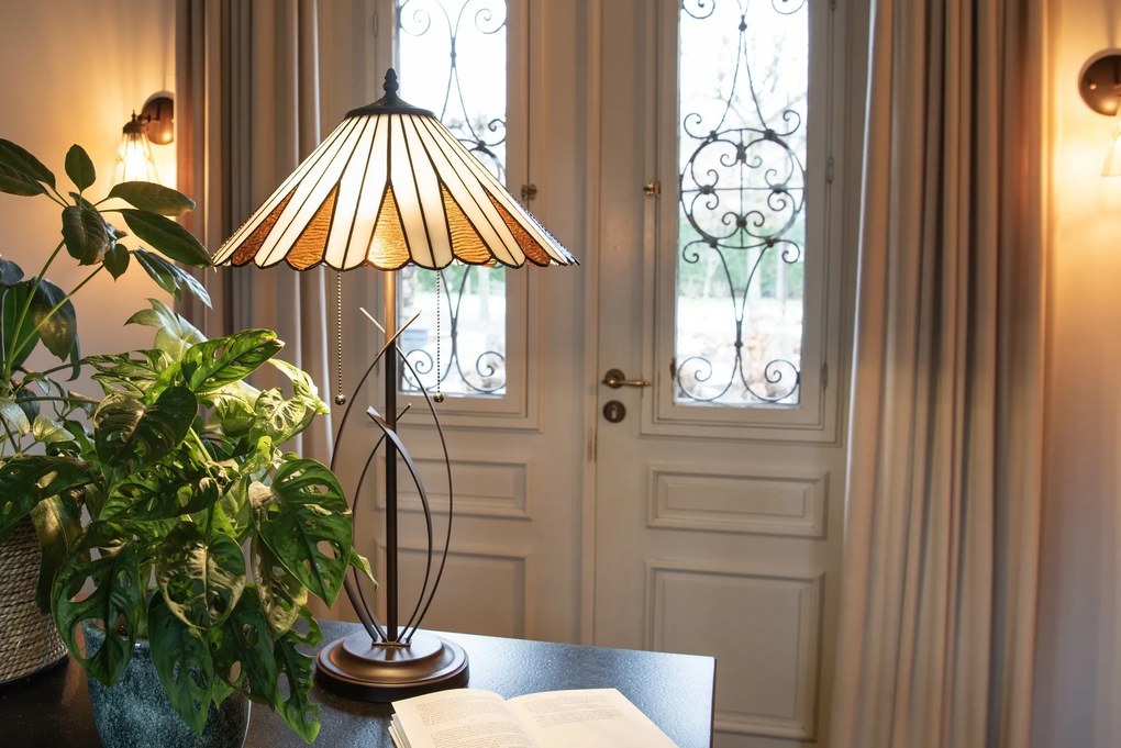 Béžovo-hnědá stolní lampa Tiffany Owa - Ø 41*69 cm E27/max 2*60W