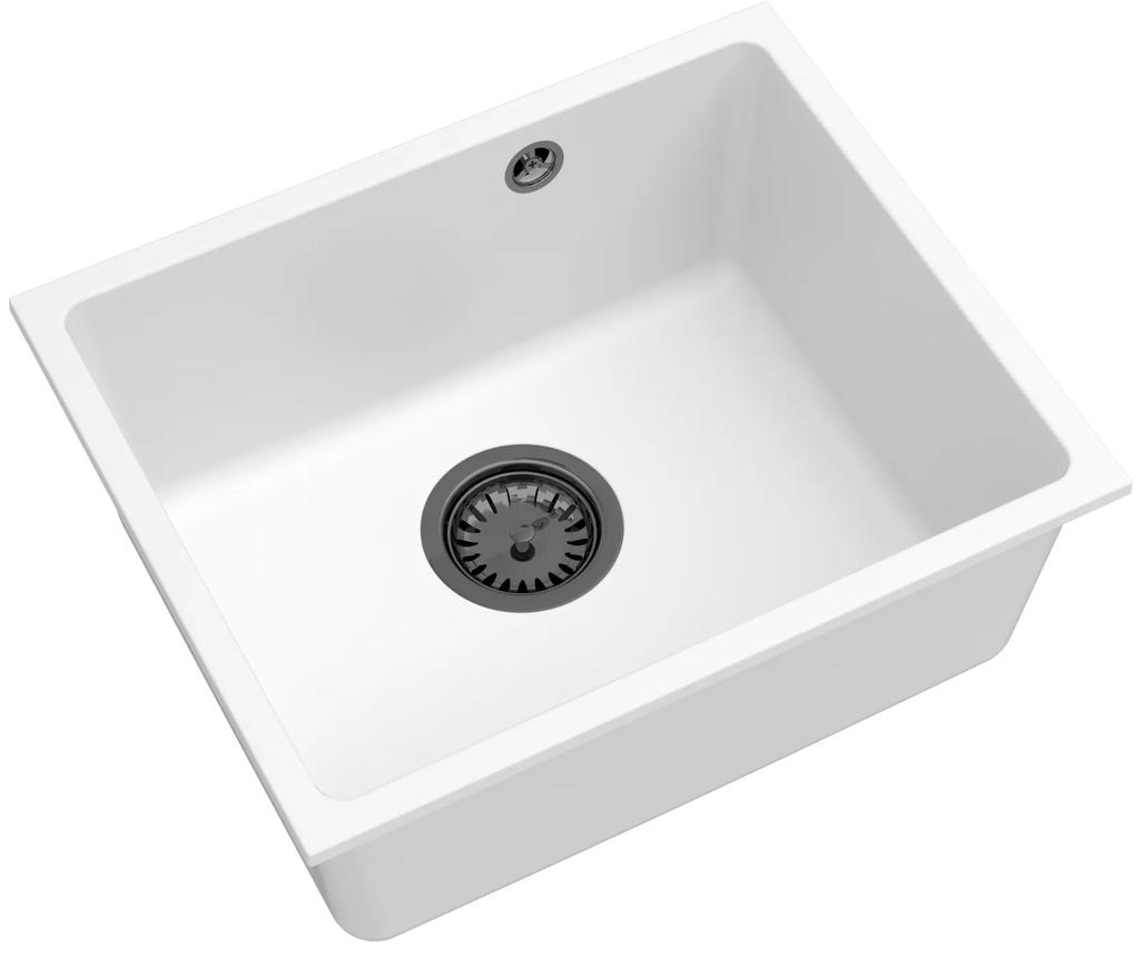 Sink Quality Crypton 55, kuchyňský granitový dřez 460x375x205 mm + černý sifon, bílá, SKQ-CRY.W.1KBO.55.XB
