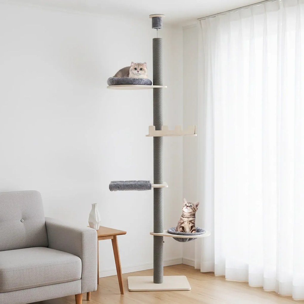Costway 236-271 cm vysoké stropní škrabadlo s houpací sítí a košem a postelí