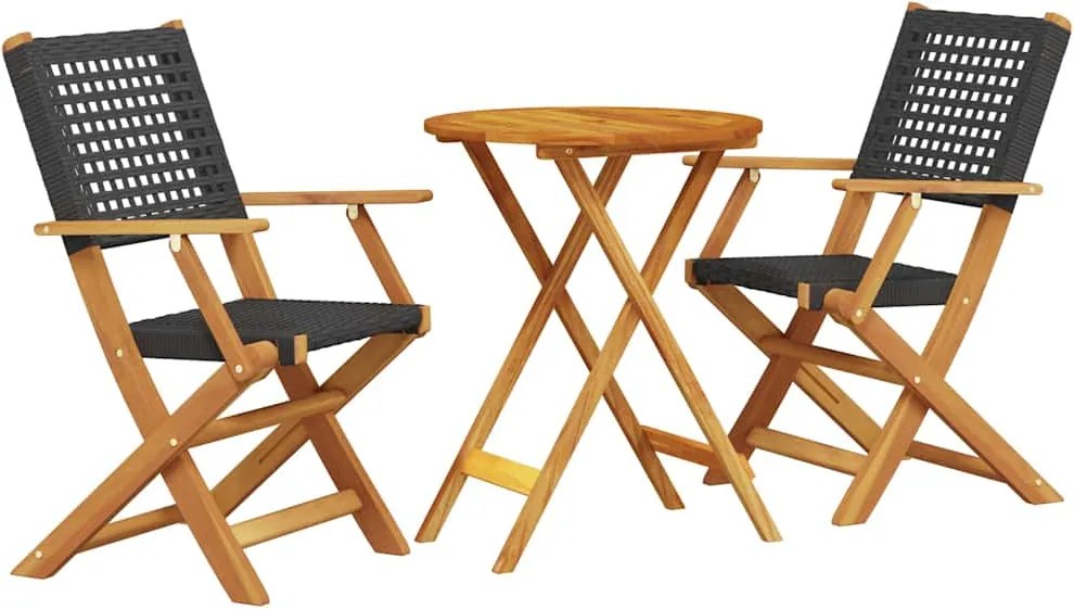 3dílný bistro set černý polyratan a masivní dřevo 3281790