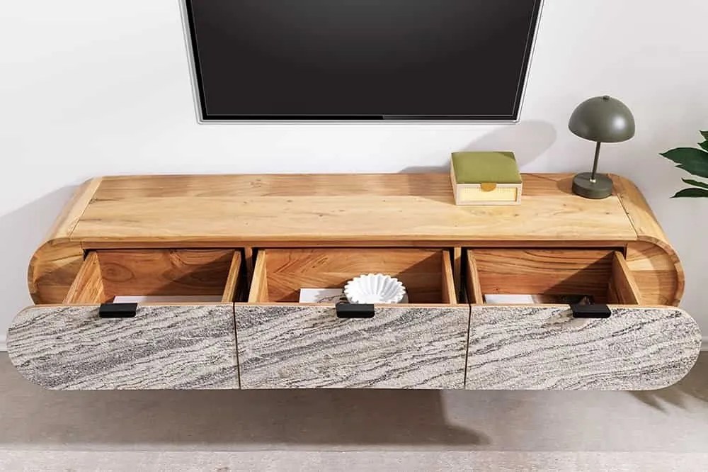 Designový závěsný TV stolek Callison 160 cm akácie / vzor kámen