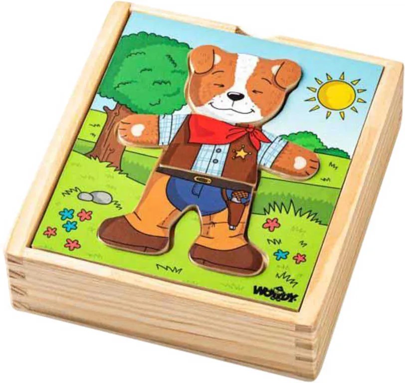 WOODY DŘEVO Baby puzzle šatní skříň pejsek 18 dílků *DŘEVĚNÉ HRAČKY* 90016