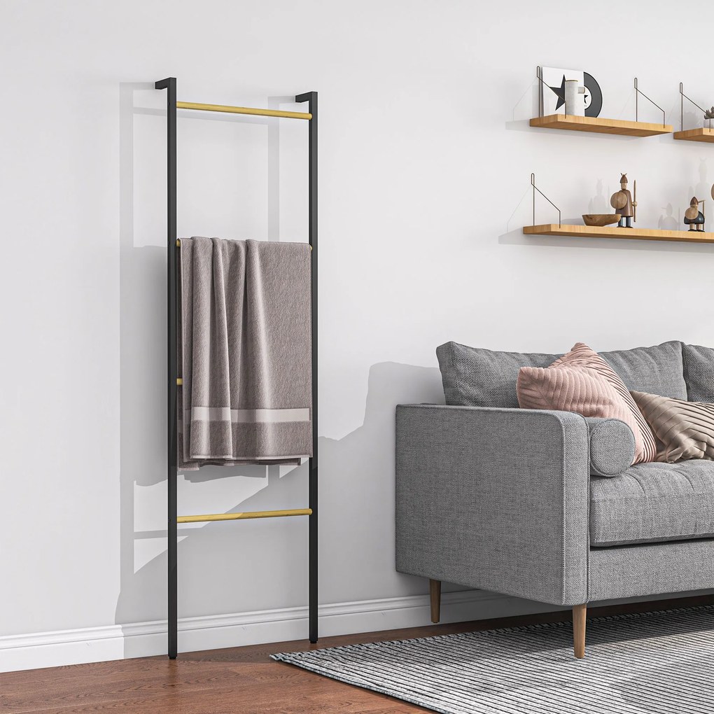 HOMCOM Žebřík na ručníky 49 x 167,5 cm Držák na ručníky se 4 tyčemi šetřící místo na ručníky oblečení deky noviny z oceli Černá | Aosom.de